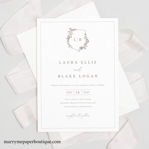 Wedding Invitation Template Set, Botanical Wedding Crest, Printable, Editable Wedding Invite ...