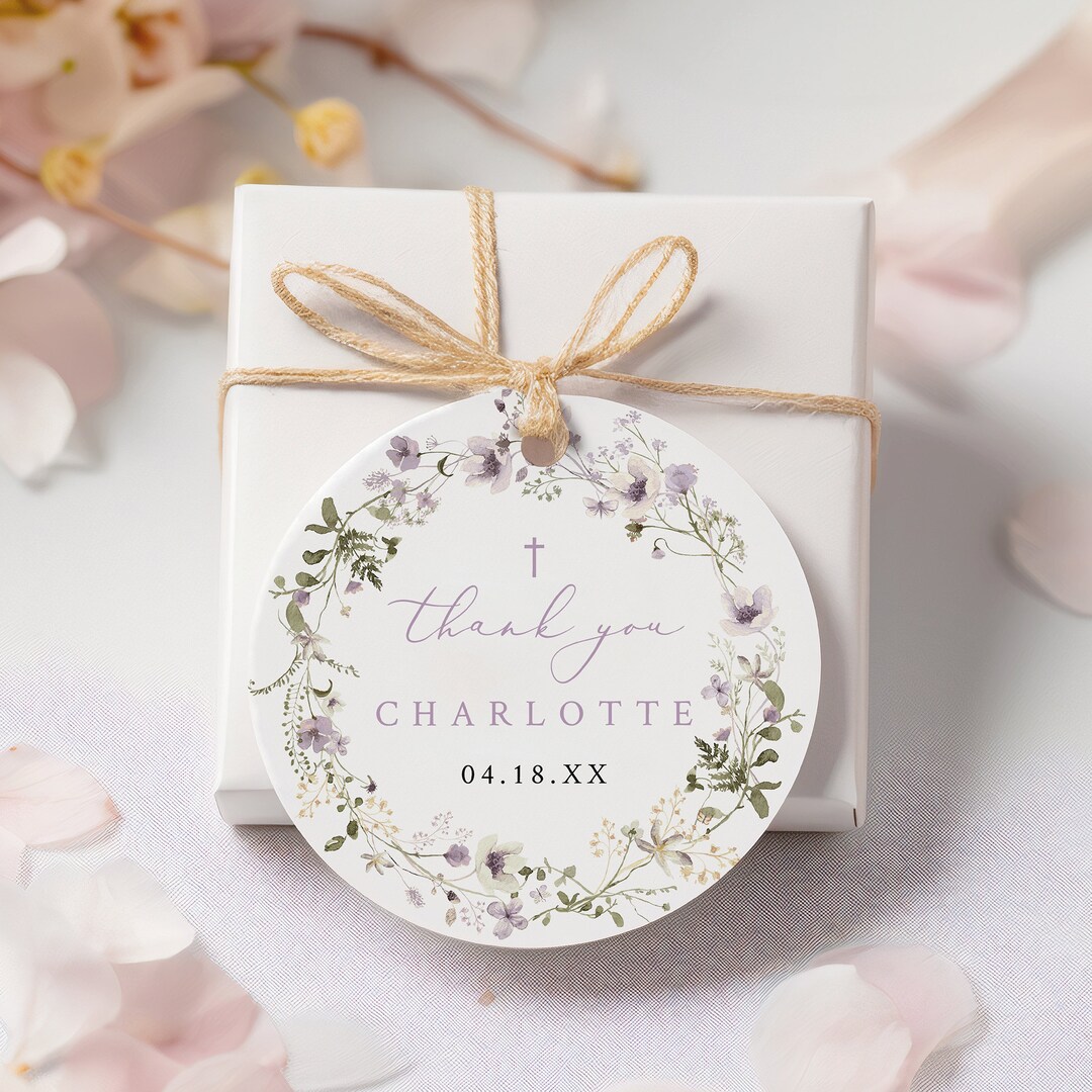 Round Baptism Favor Tag Template, Lavender Flowers, Editable, Lavender ...