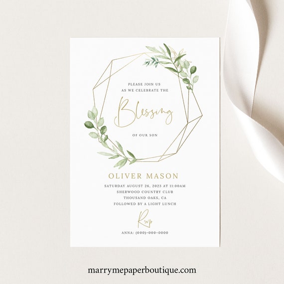 Blessing Ceremony Invitation Card Template Greenery Gold - Etsy