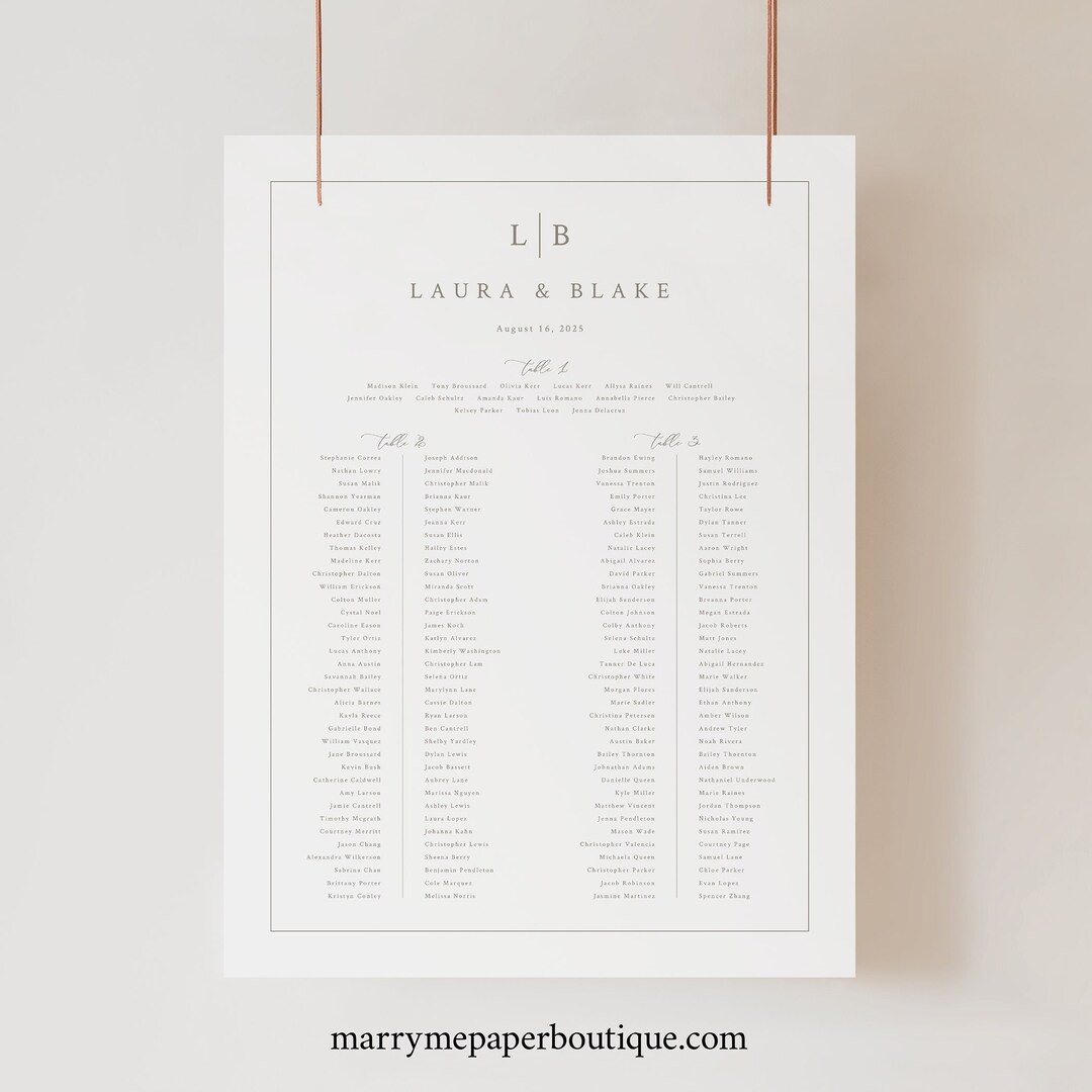 Wedding Banquet Seating Plan Template Monogram & Border - Etsy
