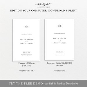Four-page Wedding Program Template, Minimalist Wedding Monogram ...