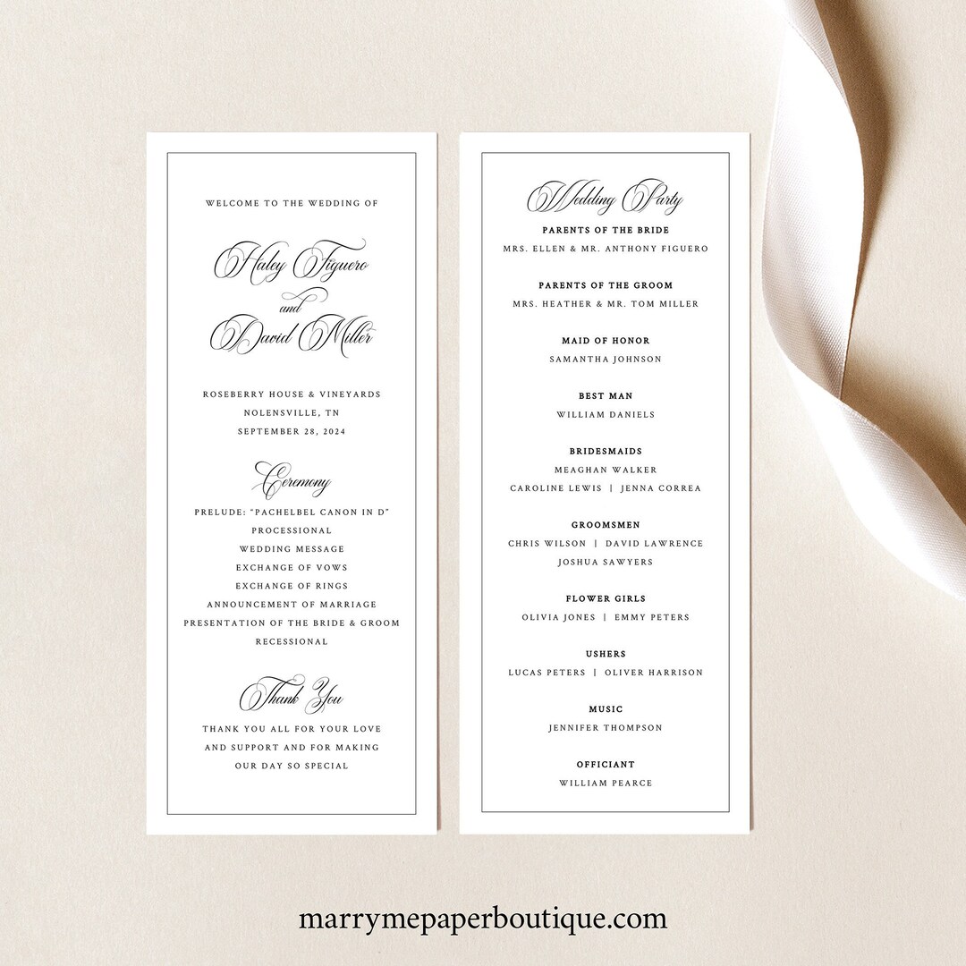 Wedding Program Template, Classic Calligraphy & Border, Tall Thin ...