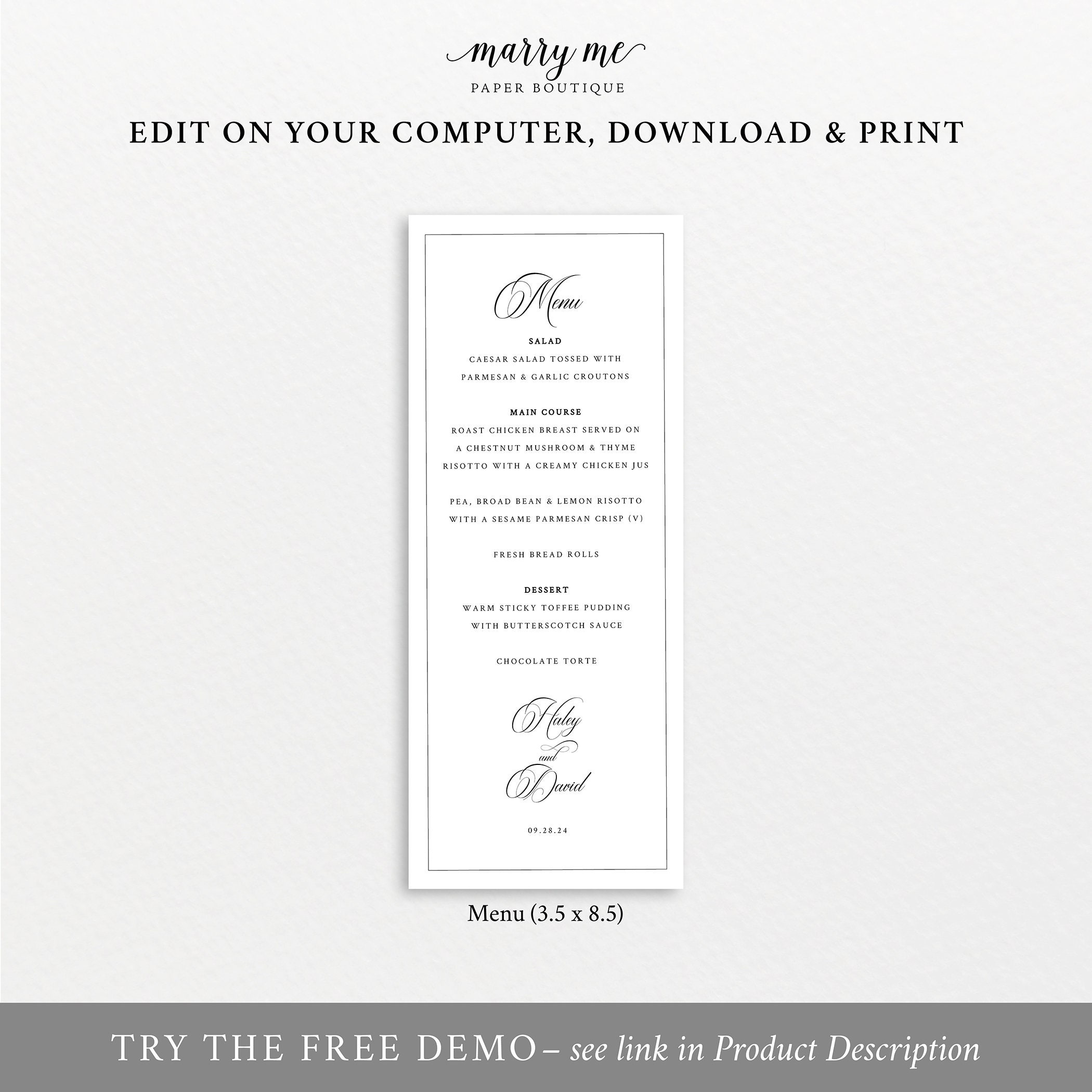 Wedding Menu Card Template Classic Calligraphy & Border - Etsy