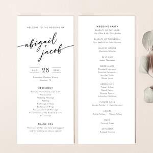 Wedding Program Template, Minimalist Calligraphy, Editable, 4x9, Modern Wedding Ceremony Program ...