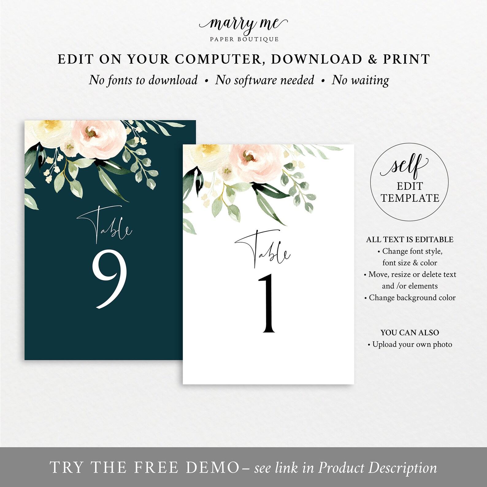 Table Number Template Pink Floral Greenery Ivory Printable - Etsy UK