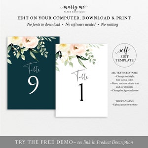 Table Number Template, Pink Floral Greenery, Ivory, Printable Table ...