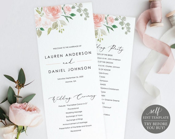 Wedding Program Template Blush Pink Floral Fully Editable | Etsy