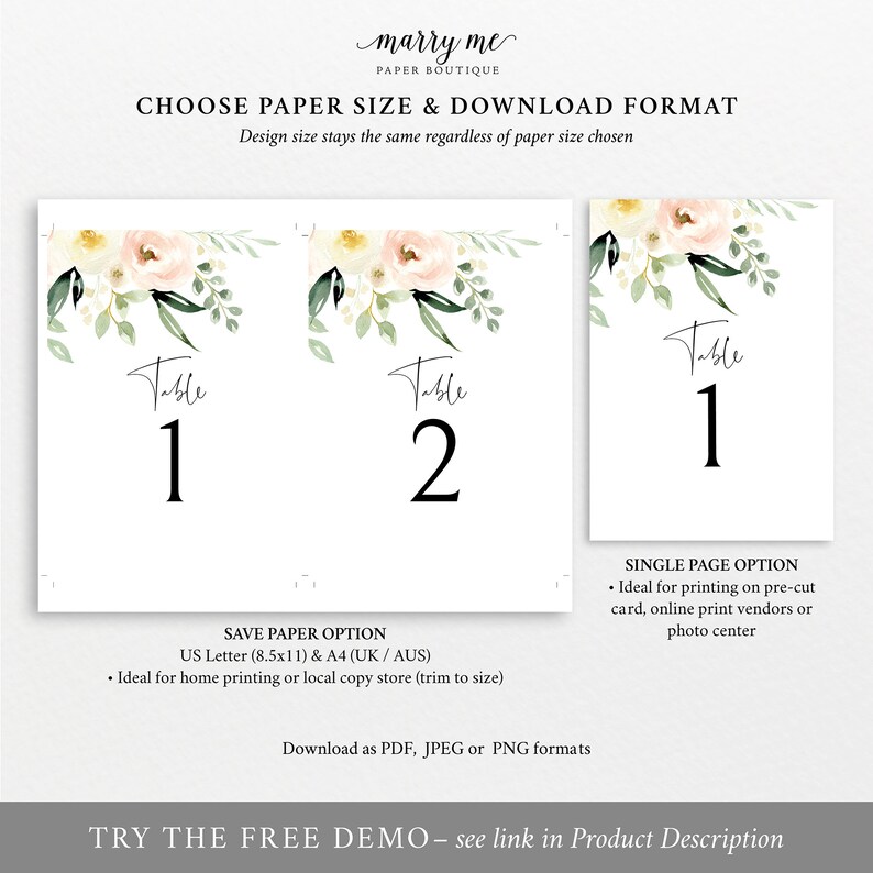 Table Number Template Pink Floral Greenery Ivory Printable - Etsy