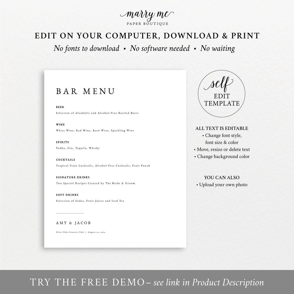 Classic Bar Menu Template Simple Wedding Drinks Menu Elegant - Etsy