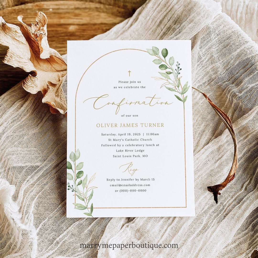 Confirmation Invitation Template, Greenery Arch, Editable, Greenery ...