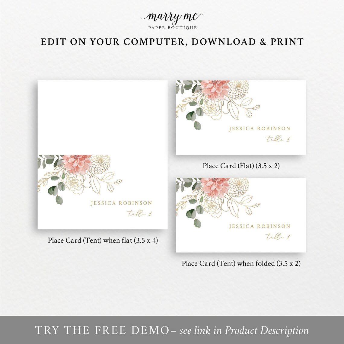 Place Card Template Blush & Gold Flowers Printable Flat and - Etsy