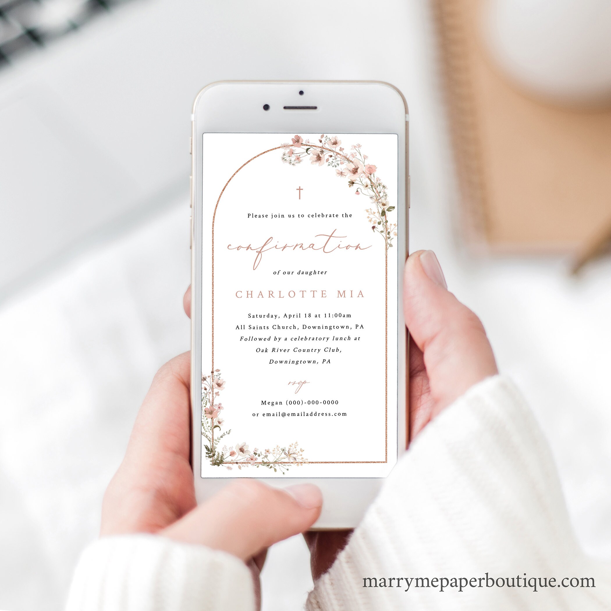 Digital Confirmation Text Invitation Template, Rustic Pink Flowers Arch ...