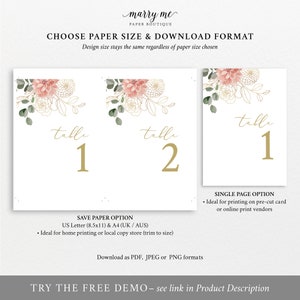 Table Number Sign Template, Blush & Gold Flowers, Elegant Wedding Table ...