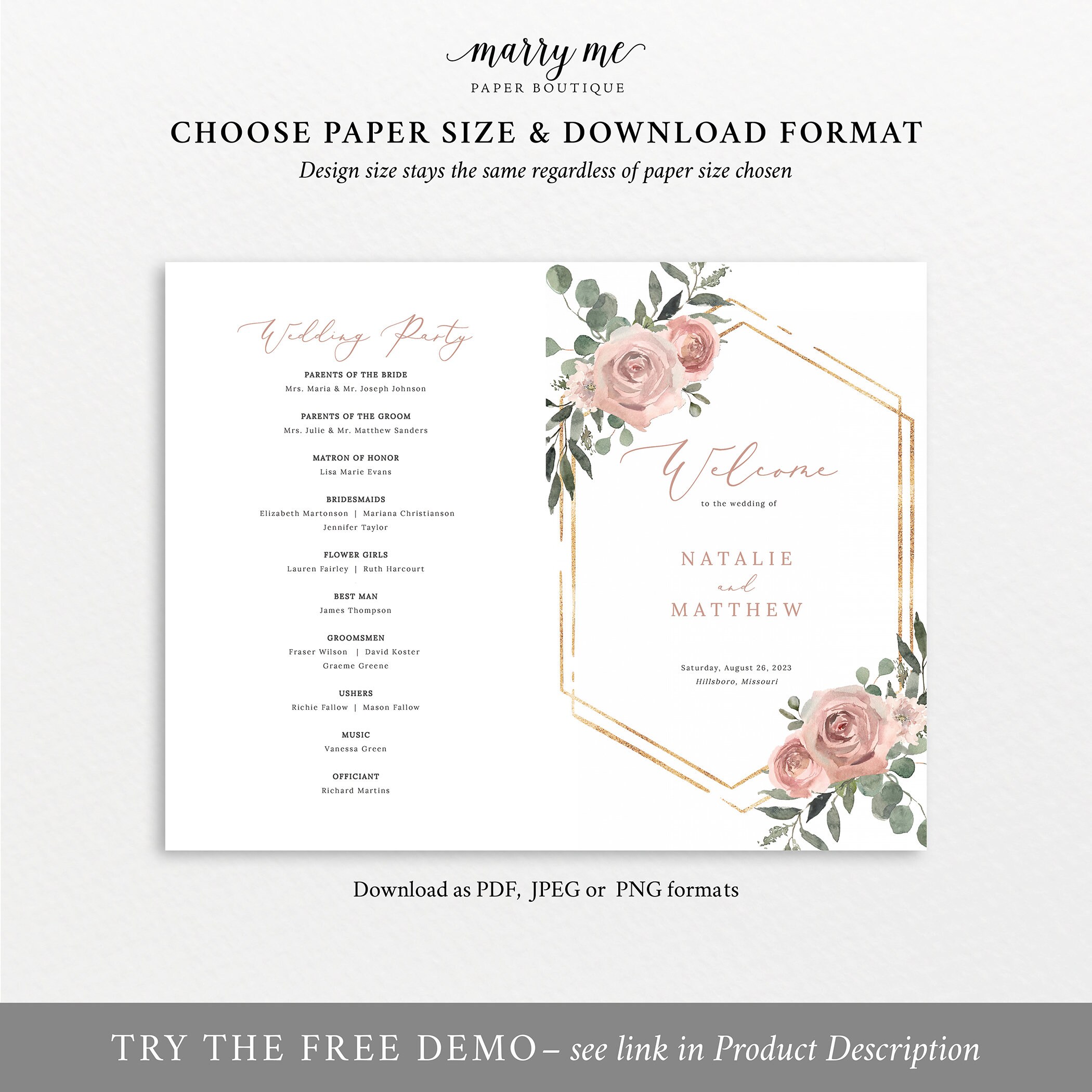 Wedding Ceremony Program Template Dusky Pink Floral Folded | Etsy