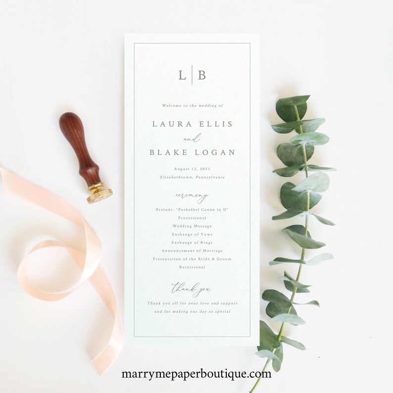 Wedding Program Template Monogram & Border Elegant Wedding - Etsy