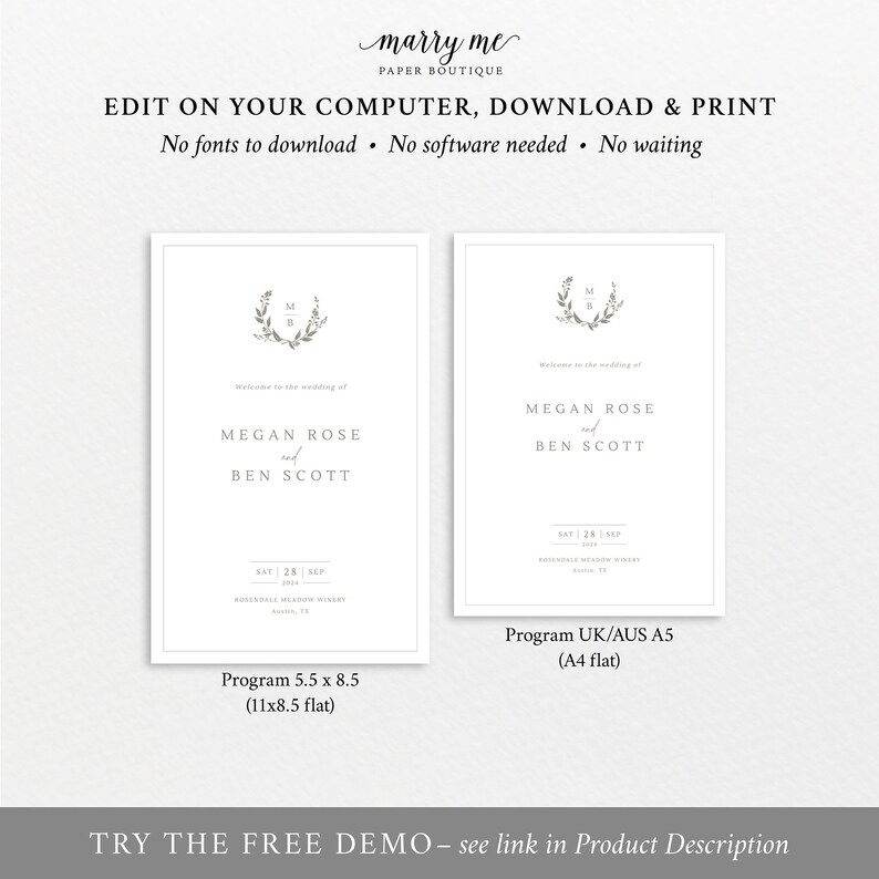 Four Page Wedding Program Template Wreath Monogram Folding - Etsy