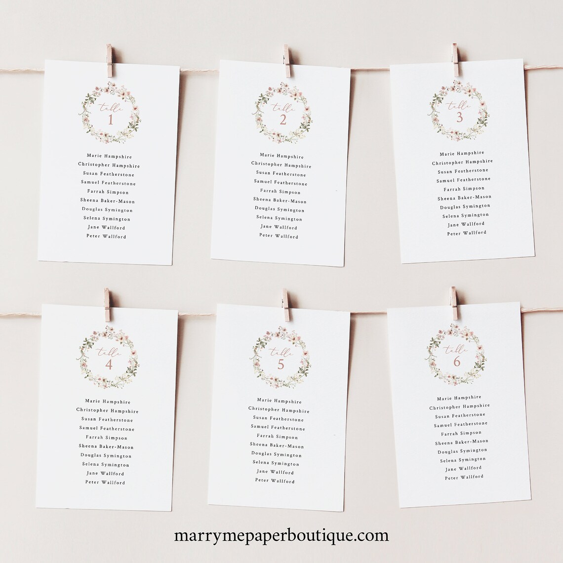 Seating Chart Cards Template Rustic Pink Flowers Editable - Etsy