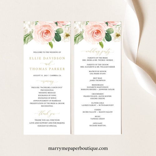 Wedding Program Template Dusky Pink Floral Wedding Ceremony - Etsy