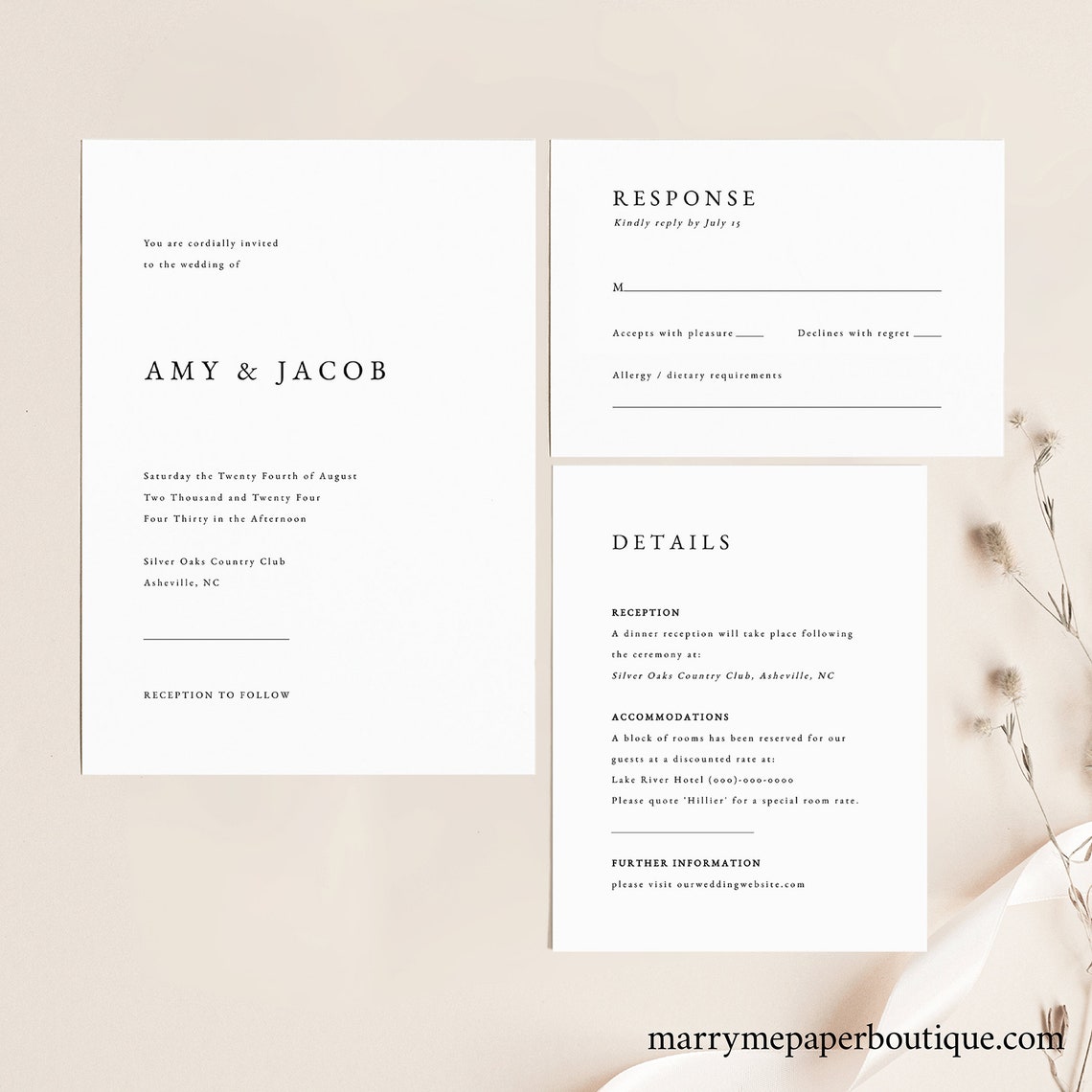 Classic Wedding Invitation Template Set Simple Wedding - Etsy