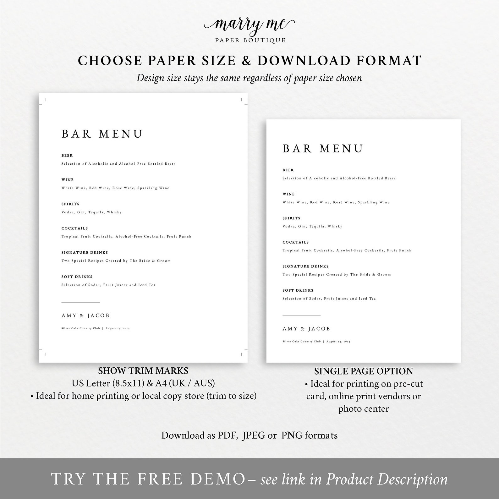 Classic Bar Menu Template Simple Wedding Drinks Menu Elegant - Etsy