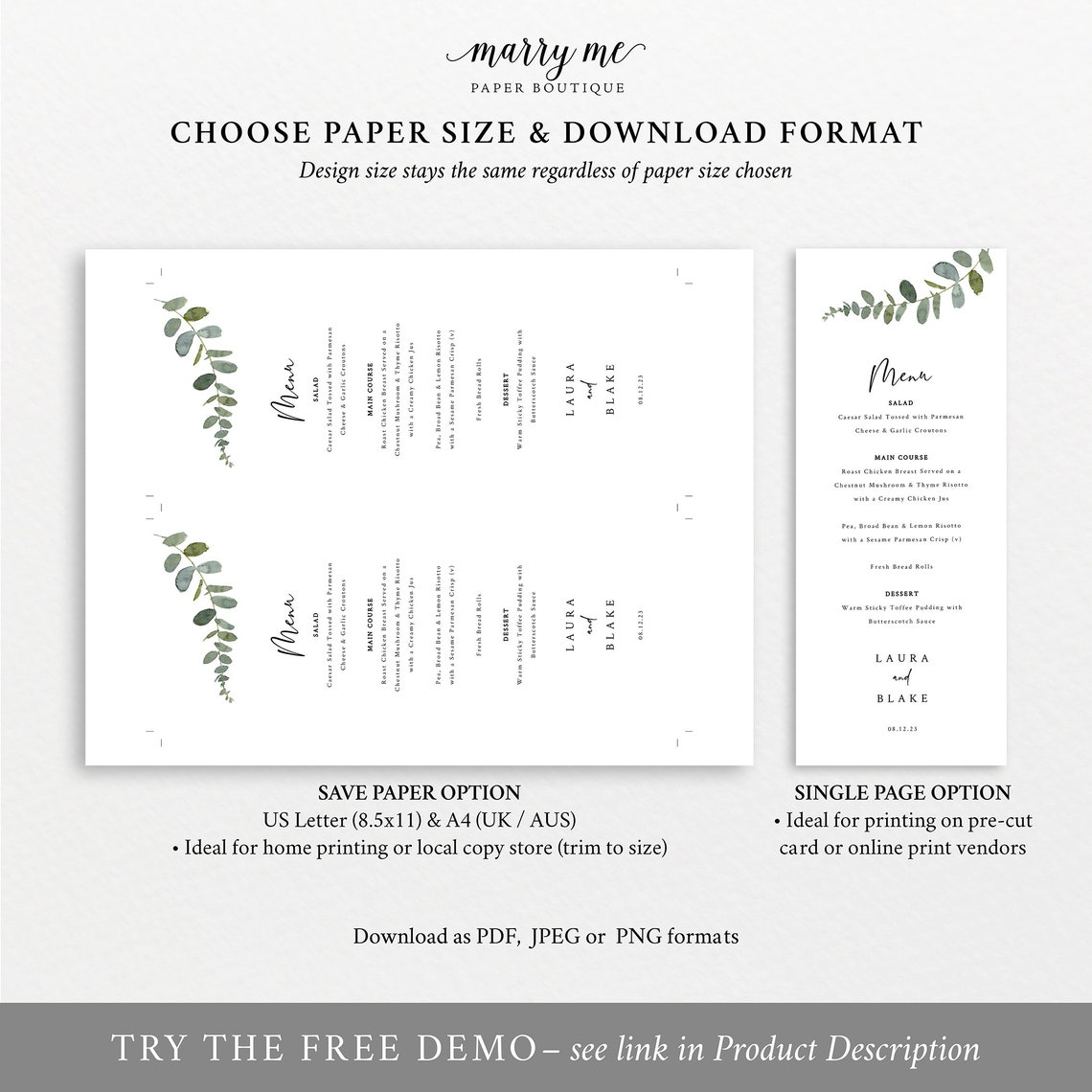 Wedding Menu & Name Card Template Eucalyptus Greenery Name - Etsy
