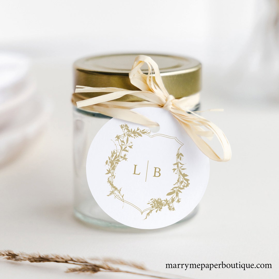 Round Wedding Favor Tag Template, Gold, Wedding Crest & Monogram ...