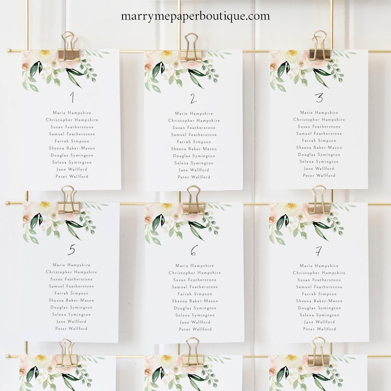 Seating Cards Template Pink Floral Greenery Ivory Printable | Etsy