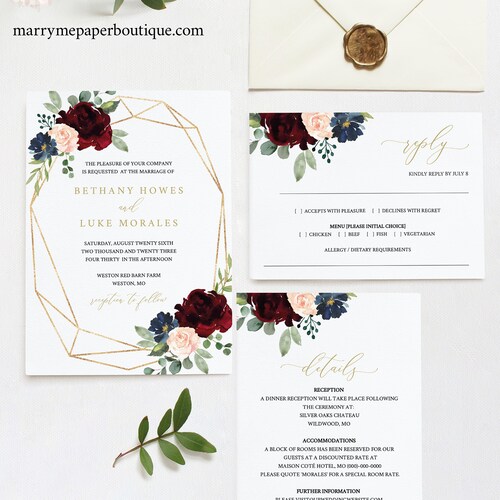 Burgundy Wedding Invitation Instant Download Printable Rose - Etsy