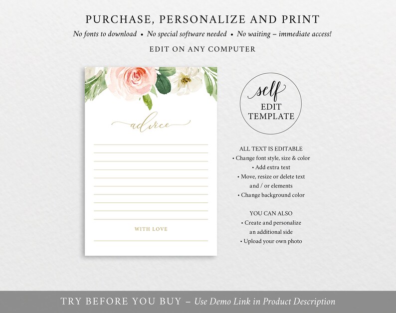 Advice Card Template Blush Floral Editable Instant Download - Etsy
