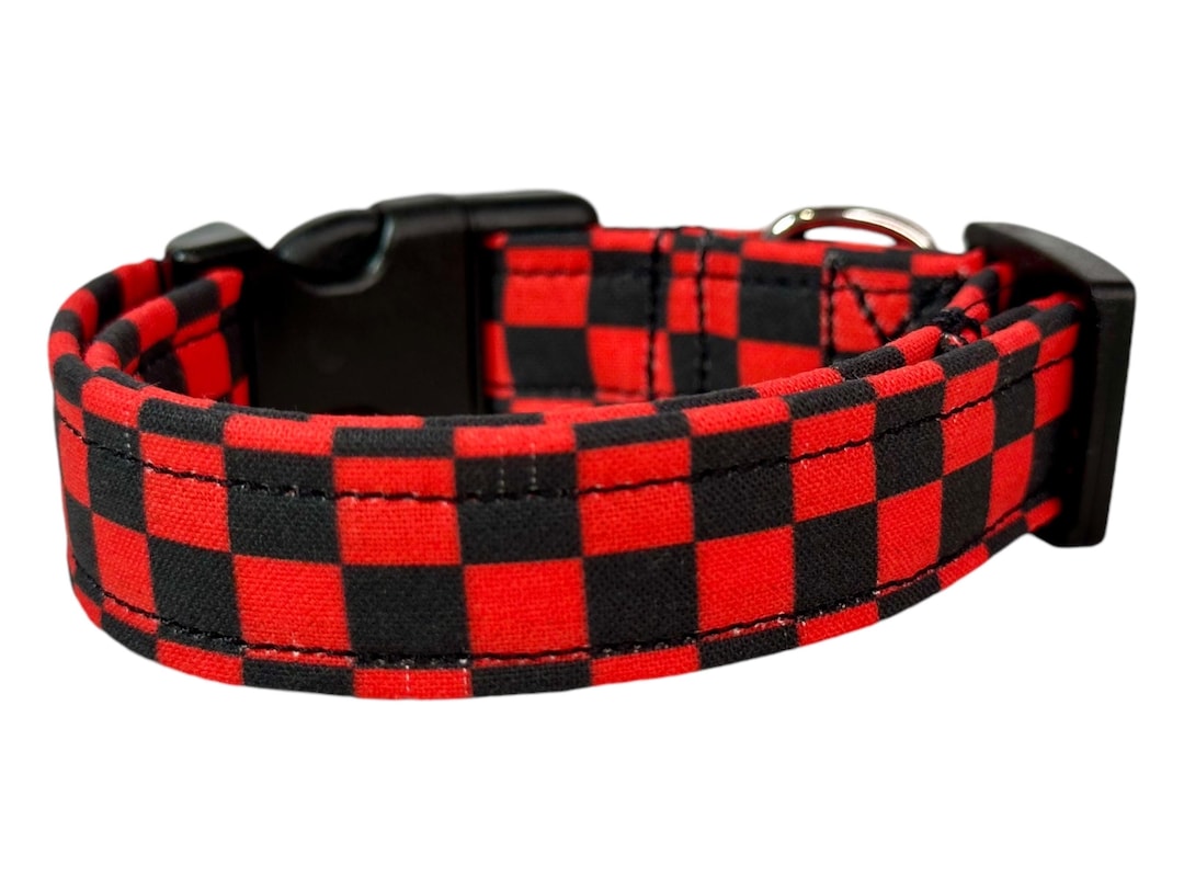 Handmade Red Checkered Dog Collar: Washable Fabric, Side Release ...