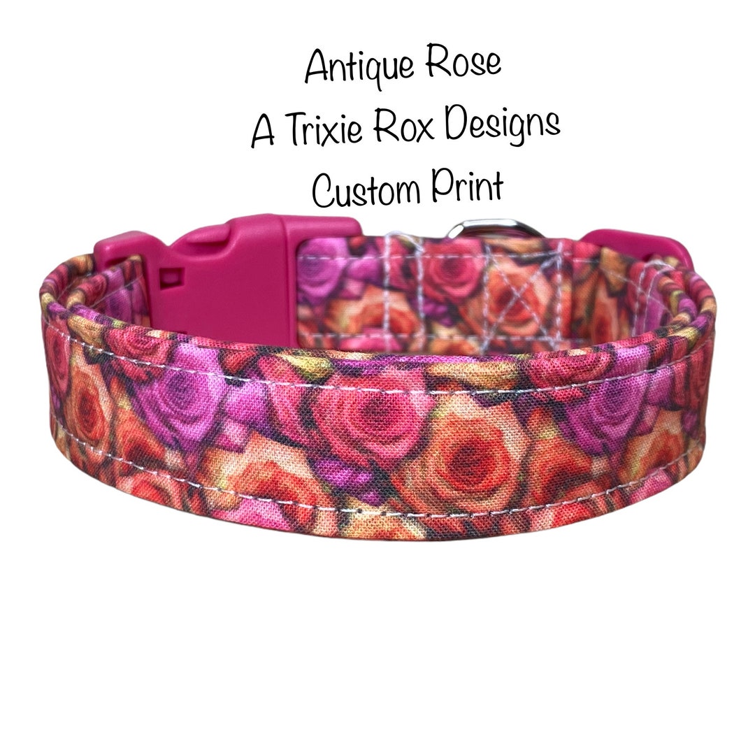 Floral Dog Collar: Roses Print, Adjustable Fabric Collar, Handmade ...
