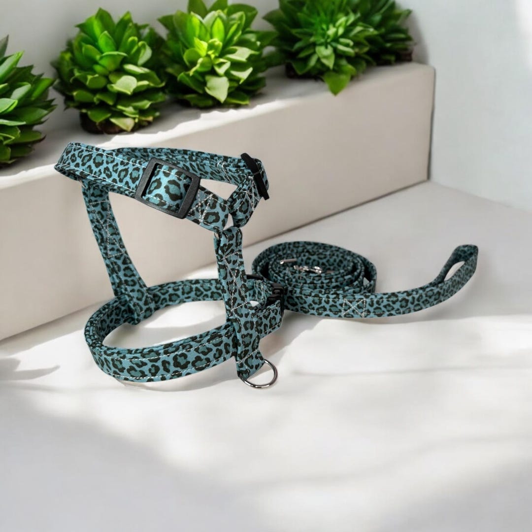 Teal Leopard Print Handmade Dog Harness and Leash Set, Standard Roman ...