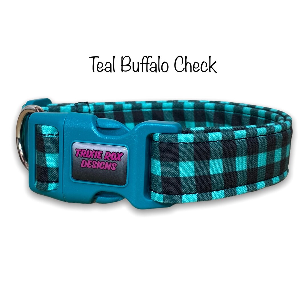 Teal Buffalo Check Dog Collar: Washable Plaid Fabric, Adjustable - Etsy