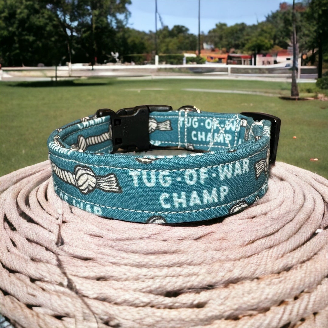 Handmade Tug of War Dog Collar: Adjustable Blue Cotton Collar, Handmade ...