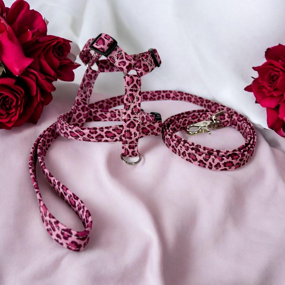 Pink Leopard Print Handmade Dog Harness and Leash Set, Standard Roman ...