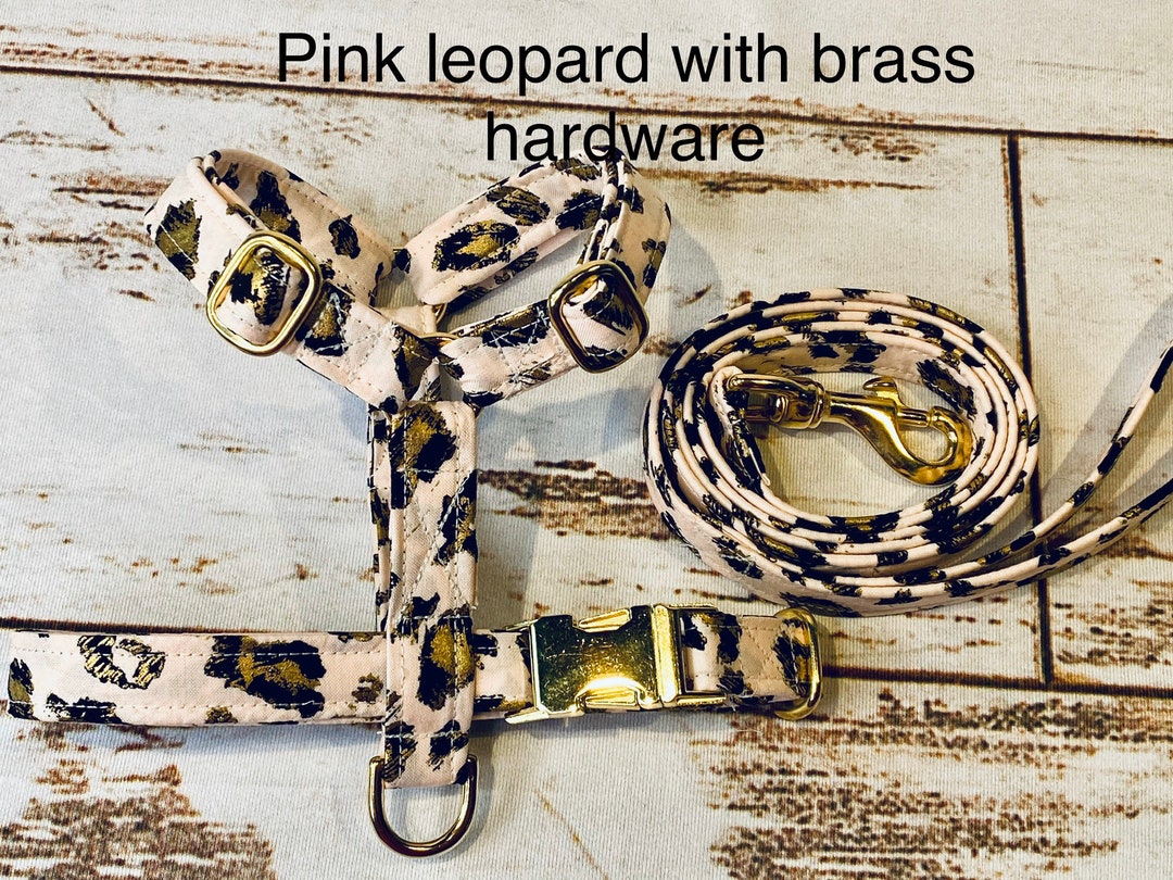 Pink Leopard Dog Harness and Leash Set: Adjustable Step-in, Brass ...