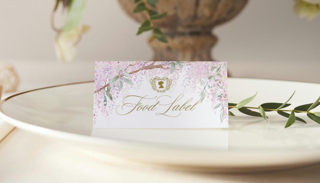 Printable Pink & Purple Wisteria Food Label Card | Wedding, Bridal ...