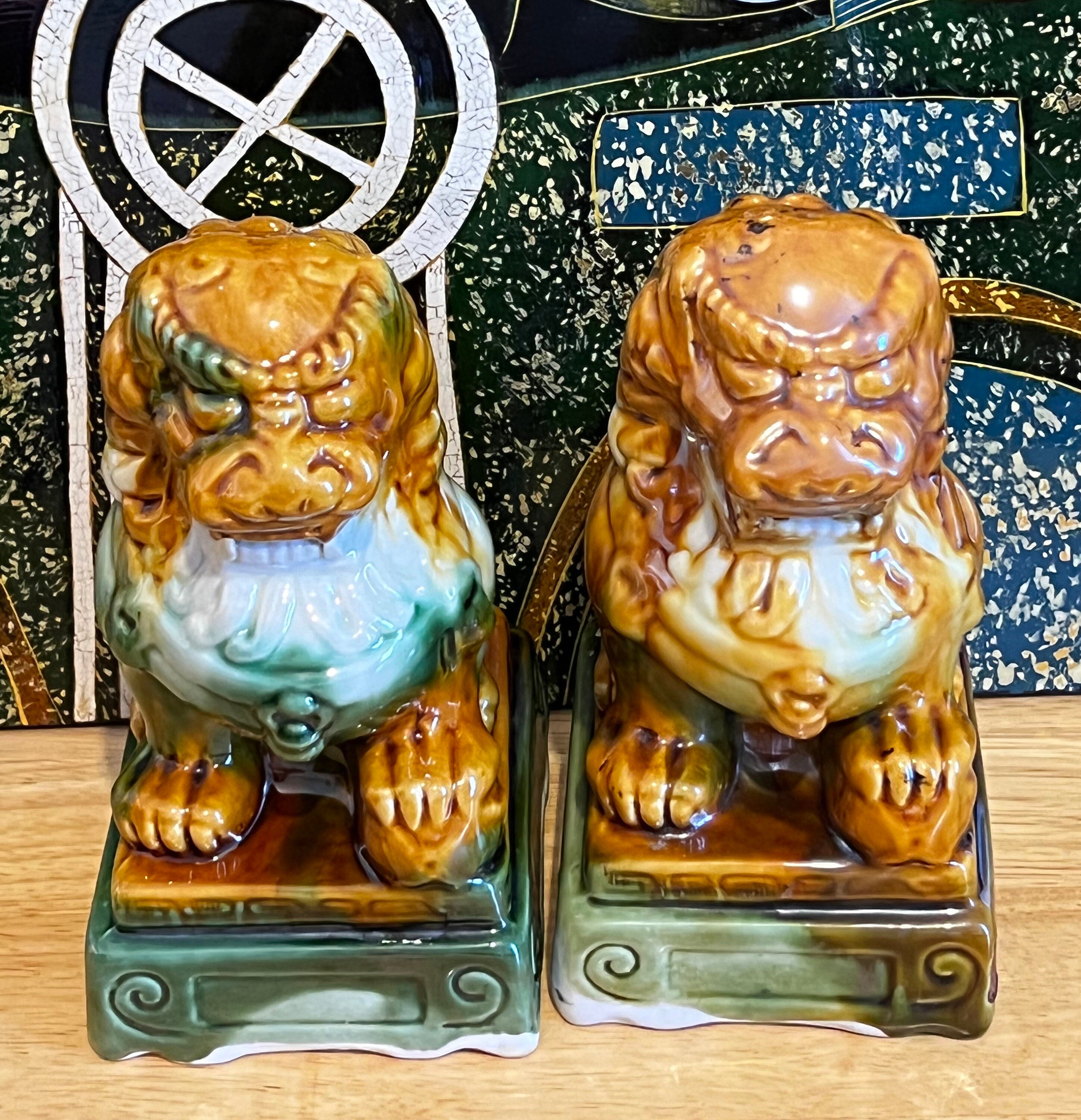 Chinese Majolica Famille Verte Foo Dogs on Stands , Majolica Orange Foo ...