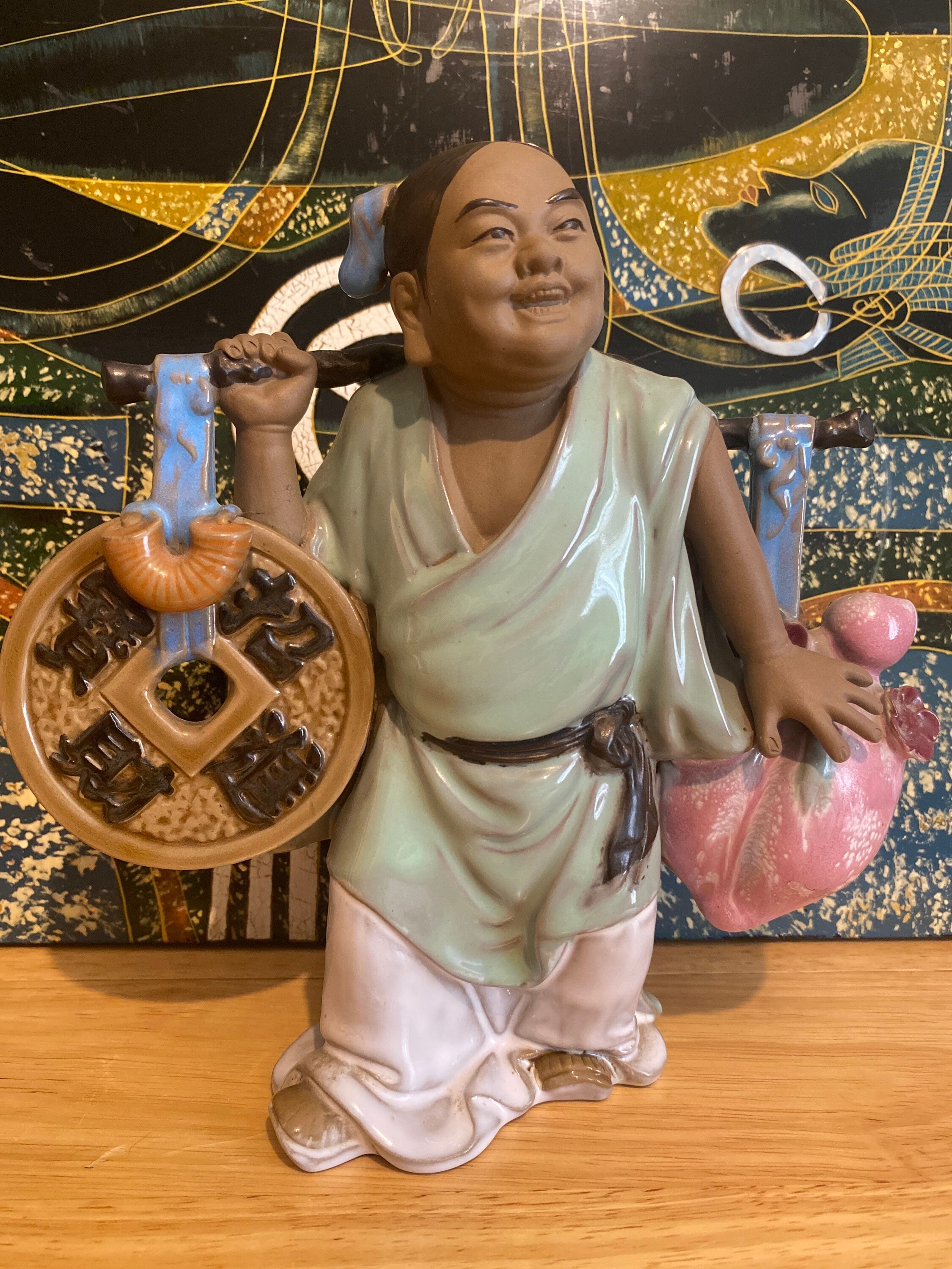 Chinese Mudman Figure, Carrying Coin & Peach Wealth Good Luck ...