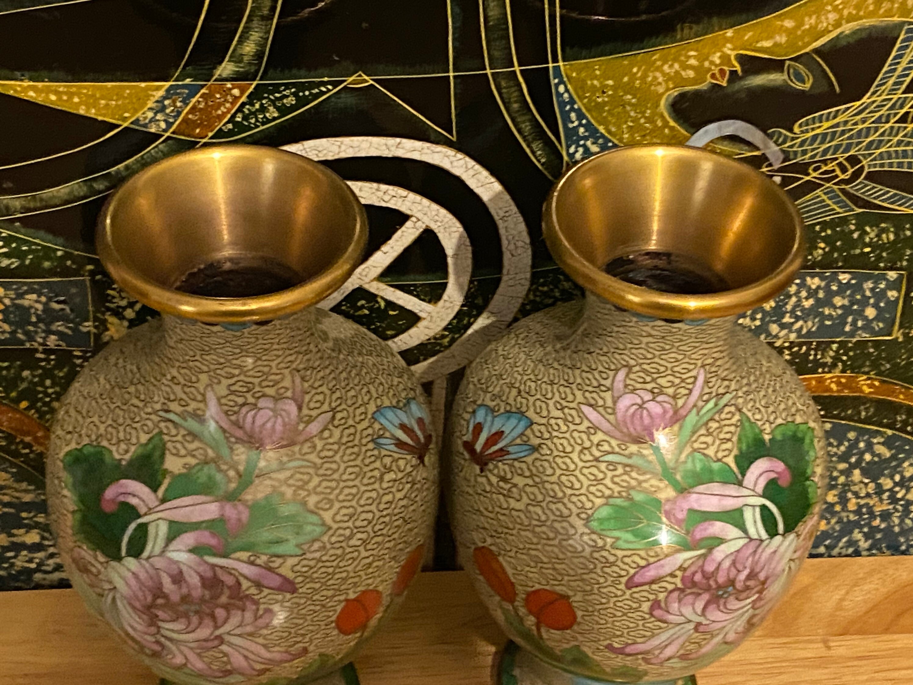 Jingfa Cloisonné Vases, Polychrome Floral Motif, Vintage Mid Century ...