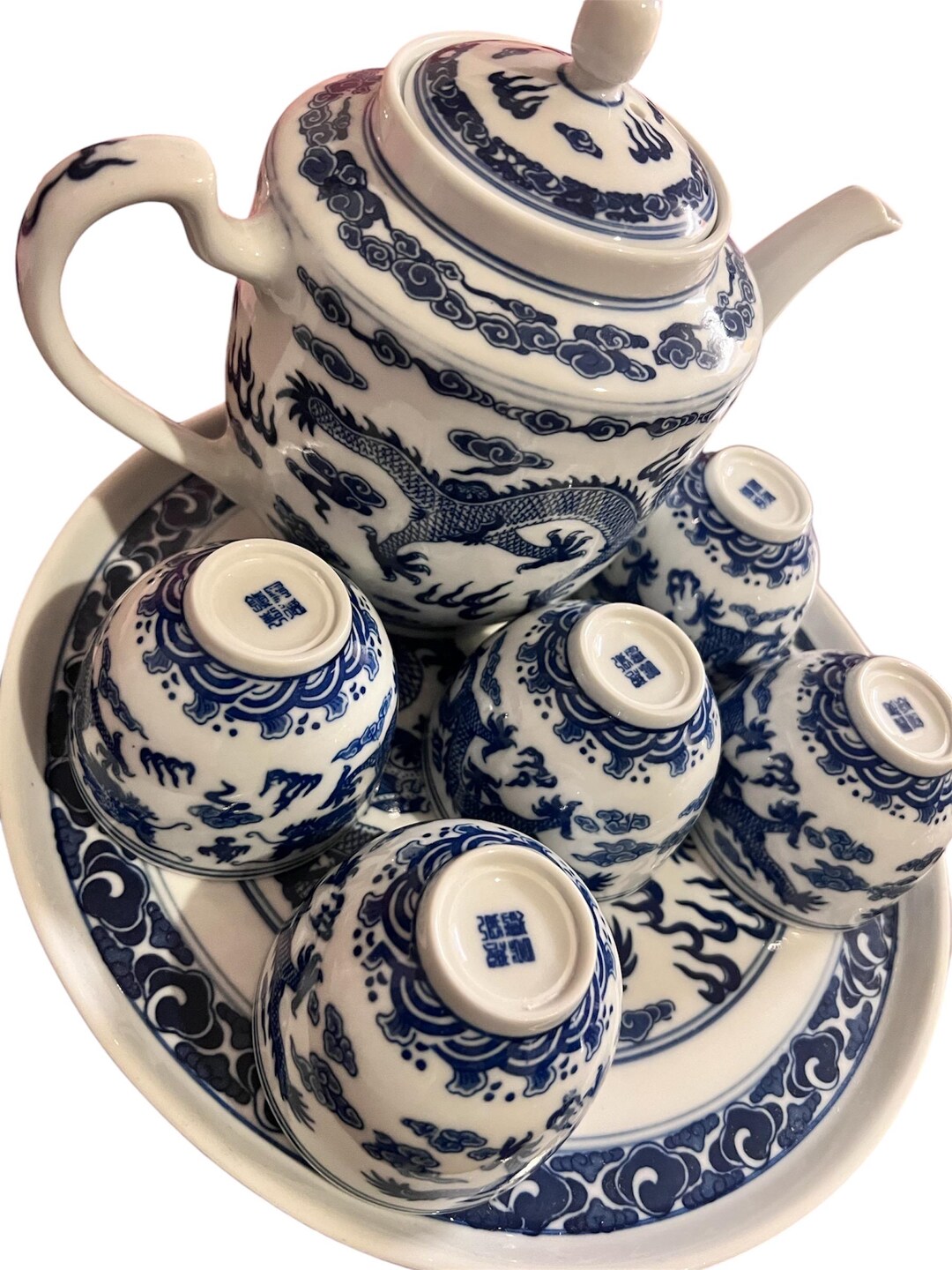 Double Dragon Vintage Chinese Porcelain Blue & White Dishware Teaset ...