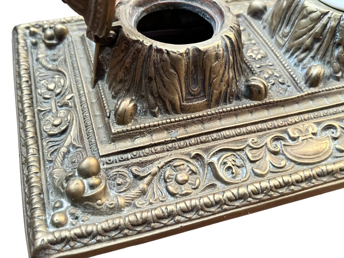 Vintage Large Heavy Solid Brass Double Inkwell Desk Inkwell Brass Desk ...