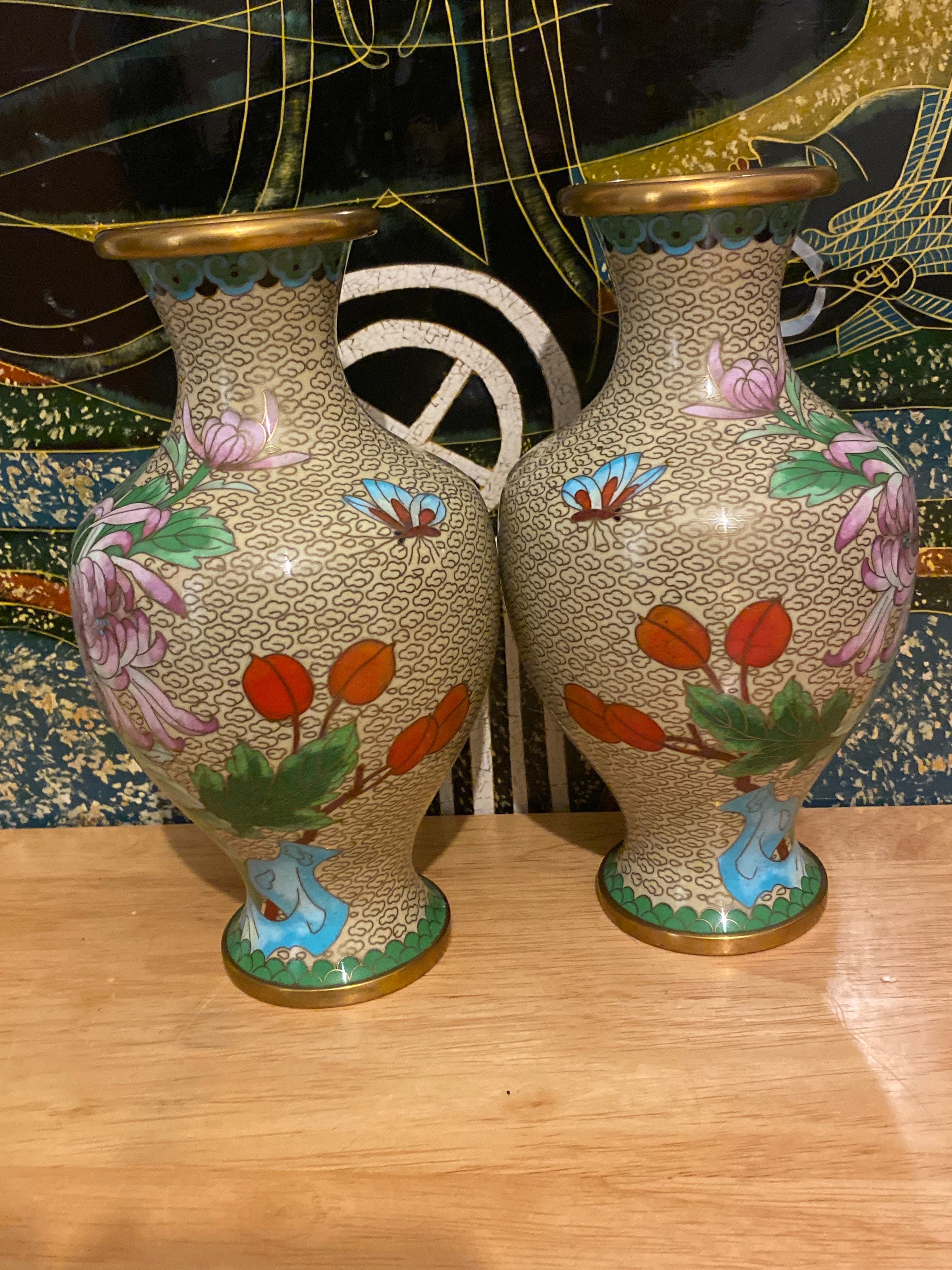 Jingfa Cloisonné Vases, Polychrome Floral Motif, Vintage Mid Century ...