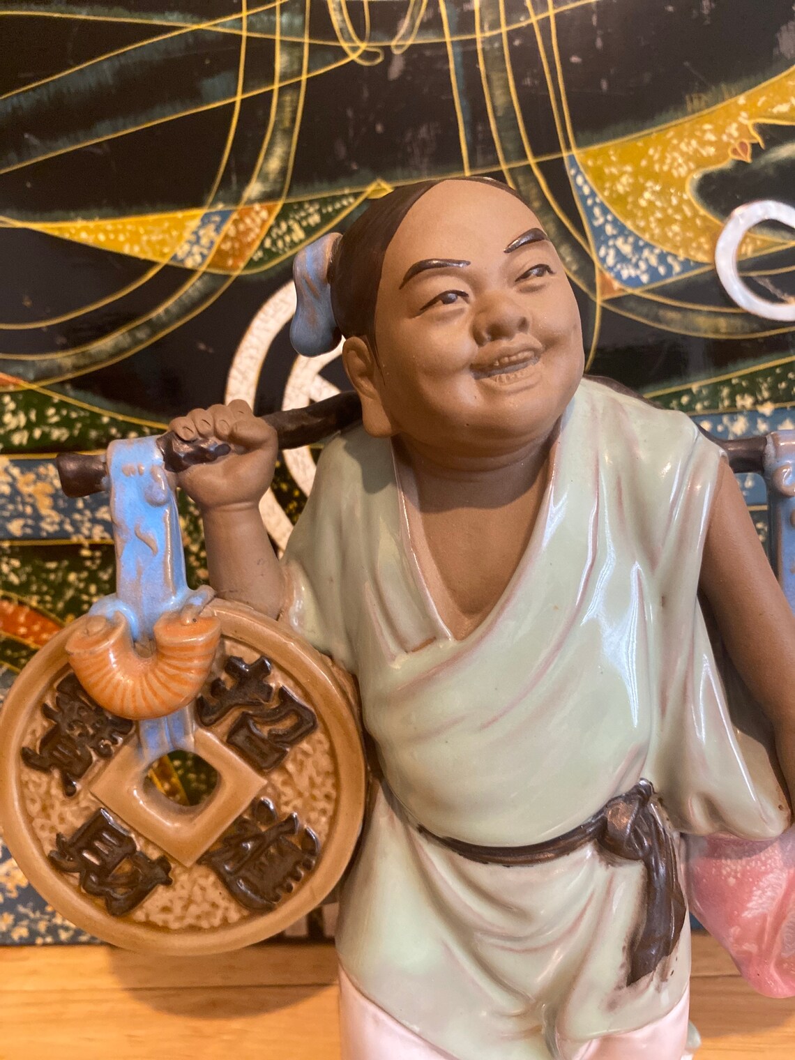 Chinese Mudman Figure, Carrying Coin & Peach Wealth Good Luck ...