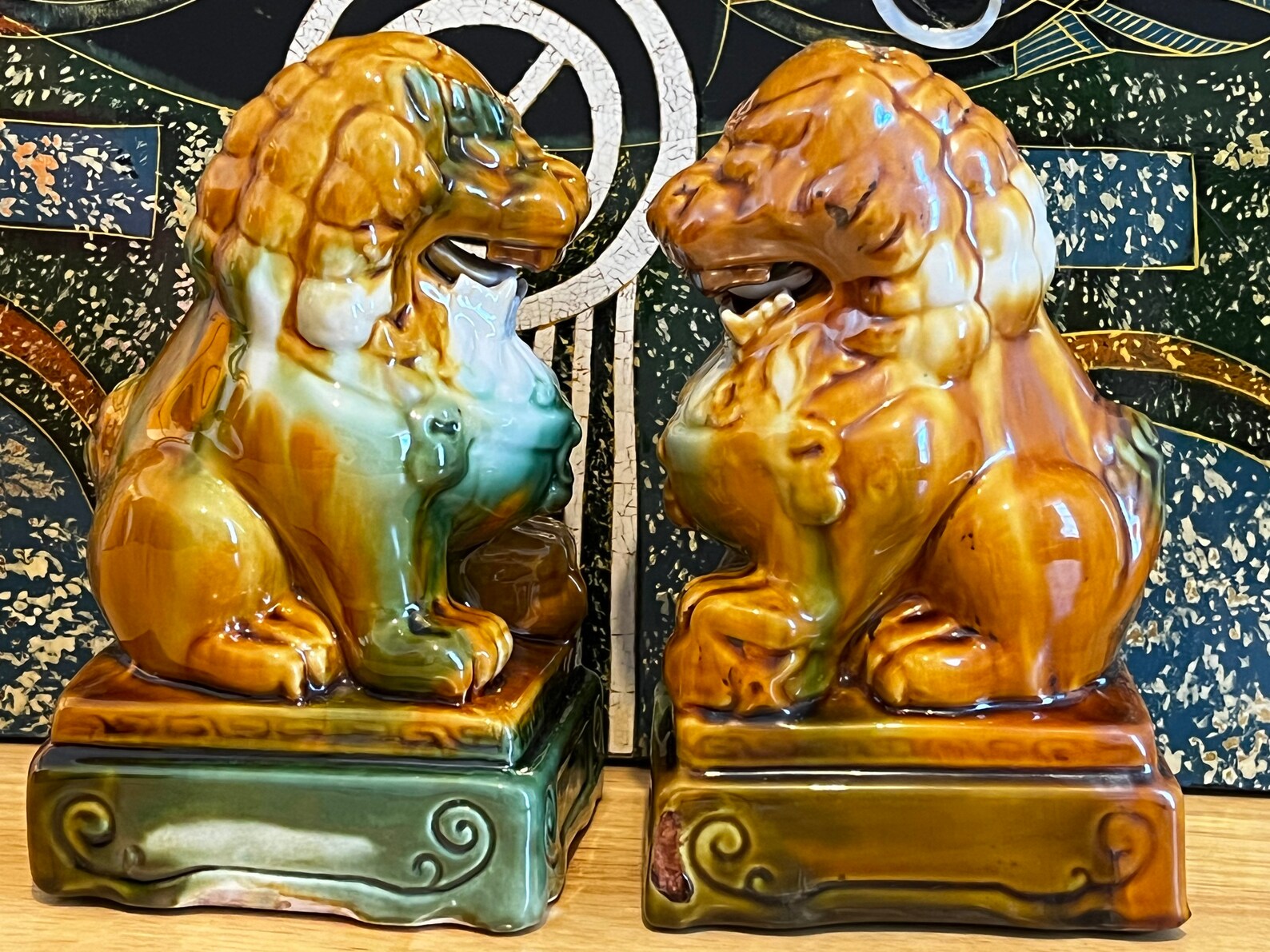 Chinese Majolica Famille Verte Foo Dogs on Stands , Majolica Orange Foo ...