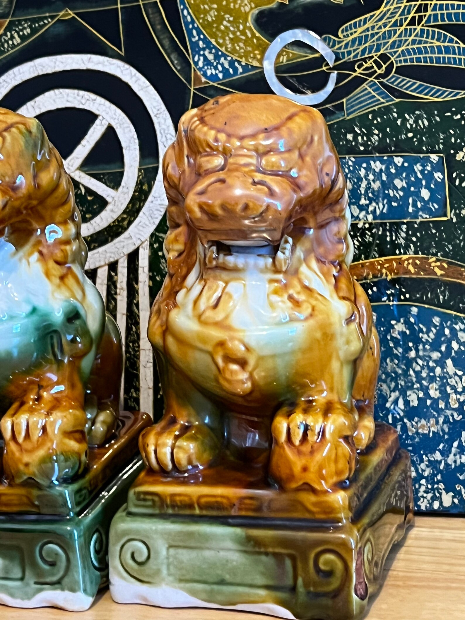 Chinese Majolica Famille Verte Foo Dogs on Stands , Majolica Orange Foo ...