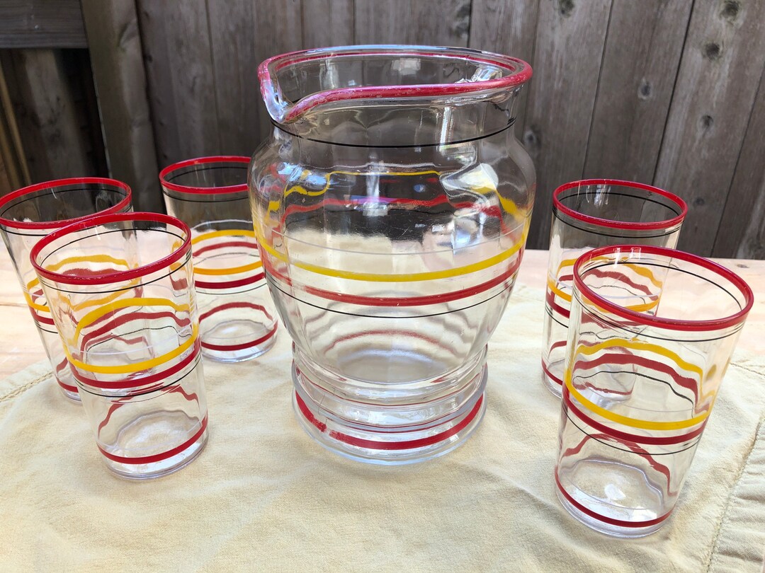 Pichet vintage cool - 5 ensembles de verre, rayures horizontales rouges ...