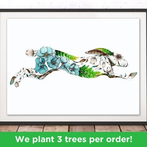 Jumping Hare Print by Kat Baxter Flowery Rabbit Wall Art Floral Hare ...