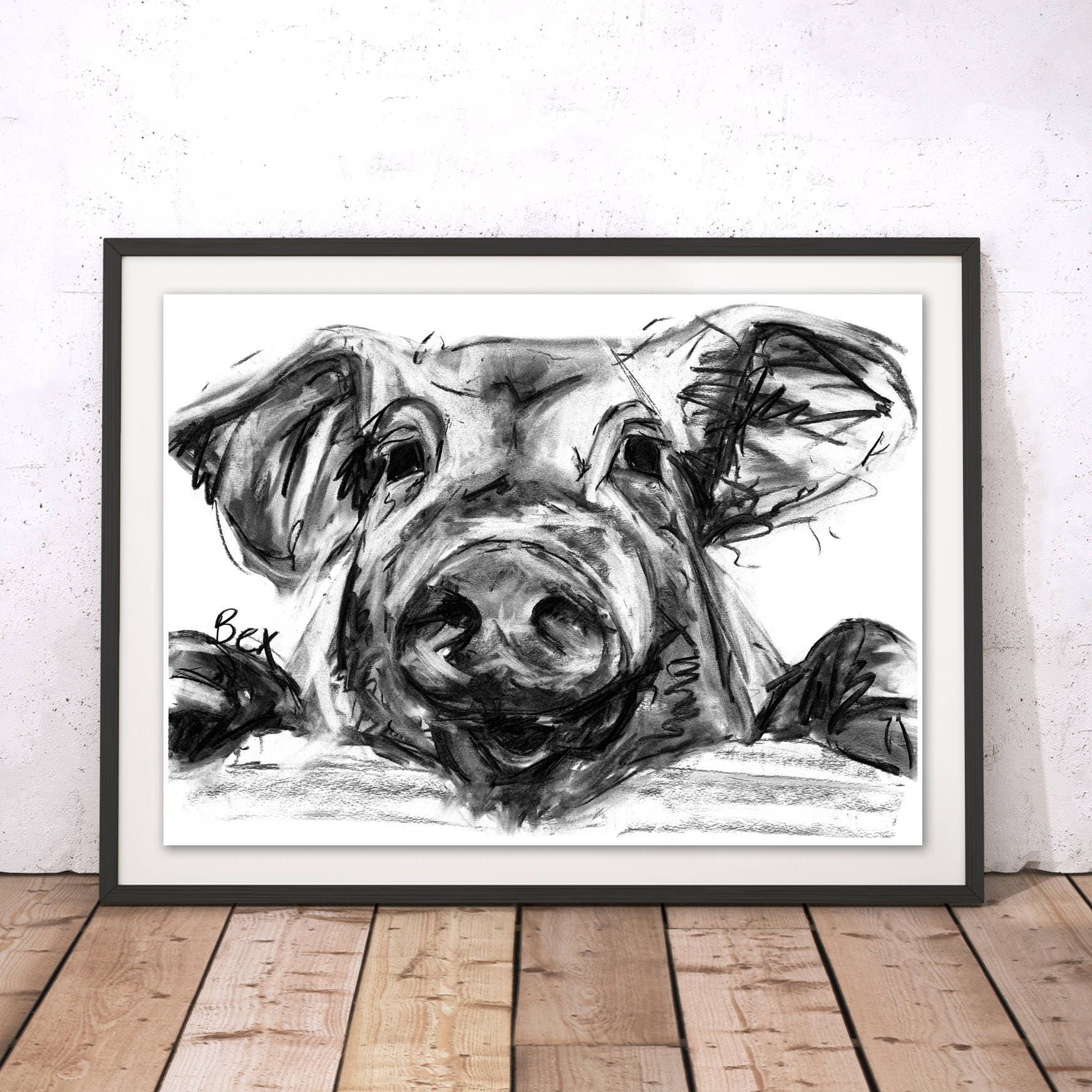 Pig Art Print Pig Wall Art Pig Charcoal Illustration Pig | Etsy