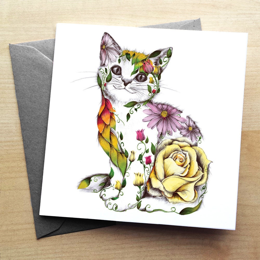 Floral Cat Greetings Card by Kat Baxter Kitten Greetings | Etsy UK